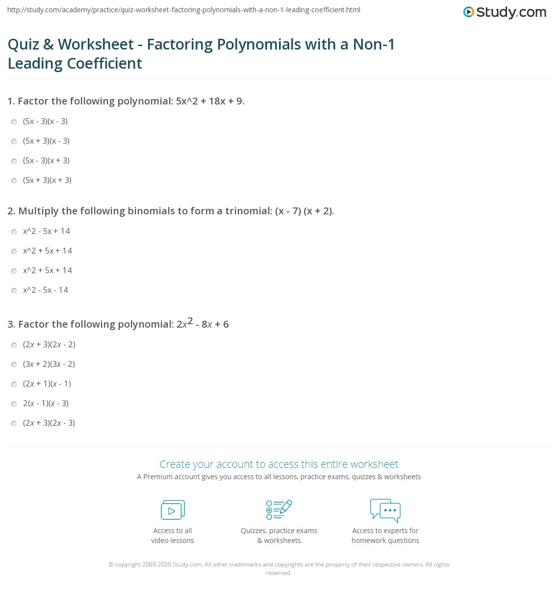 Quiz And Worksheet Factoring Polynomials With A Non 1 Leading Worksheets Library