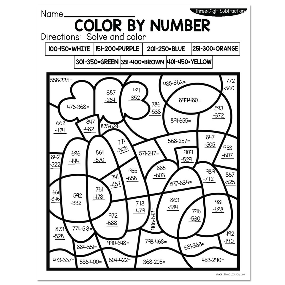 3-Digit Subtraction Fall Color by Number - Pumpkins - Lucky Little ...