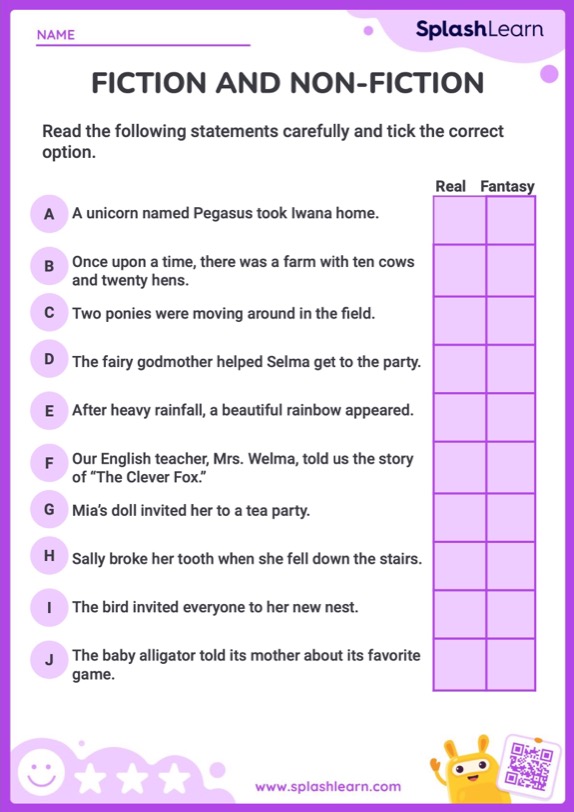 Sorting Fiction and Non-fiction - ELA Worksheets - SplashLearn - Worksheets Library