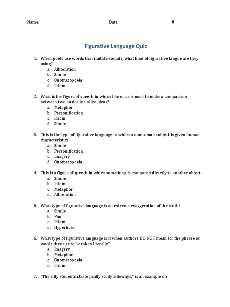 Figurative Language Quiz I 20 Questions - Worksheets Library