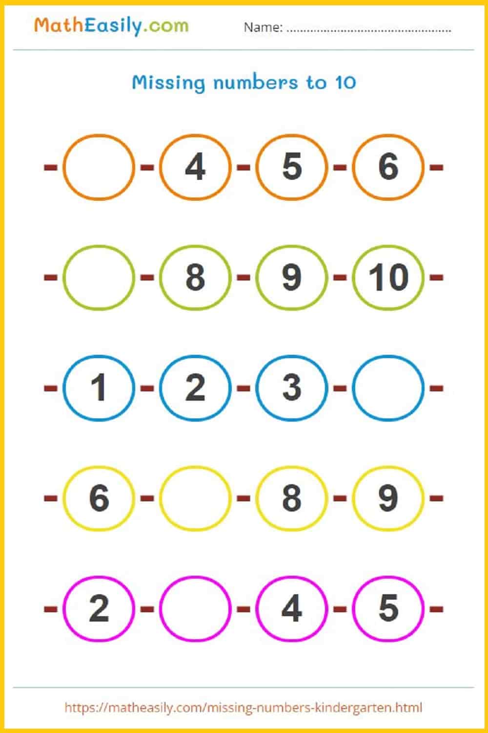 Missing Numbers 1-10 Worksheets Kindergarten - Lesson Tutor ...