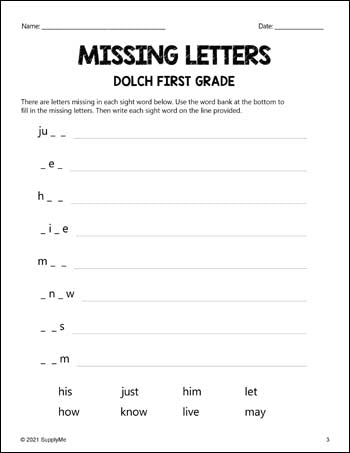 First Grade Sight Words Worksheets - Missing Letters, All 41 Dolch ...