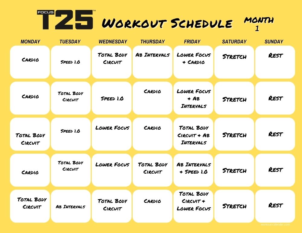 Focus T25 Workout Calendar - Print A Workout Calendar - Worksheets Library