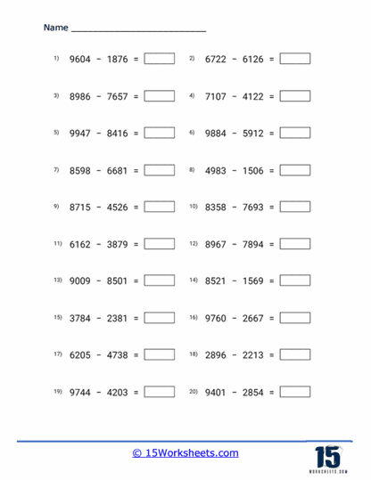 4 Digit Subtraction Finding The Missing Digits Worksheets And