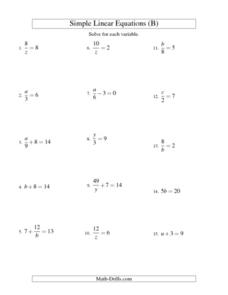 Simple Linear Equations - Including Fractions (B) Worksheet for ...