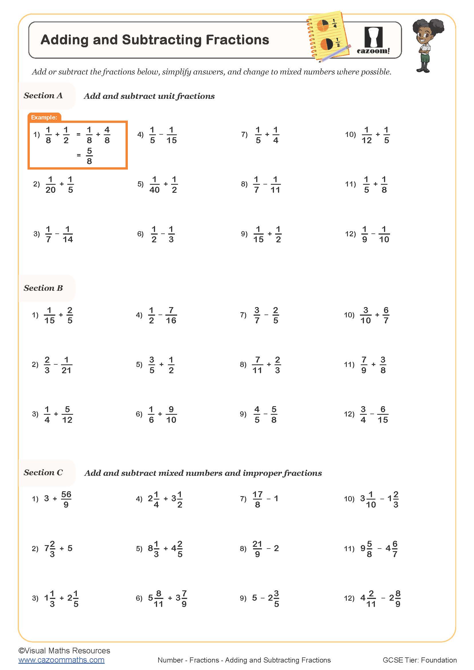 Adding And Subtracting Fractions Worksheet Printable Maths Worksheets Library