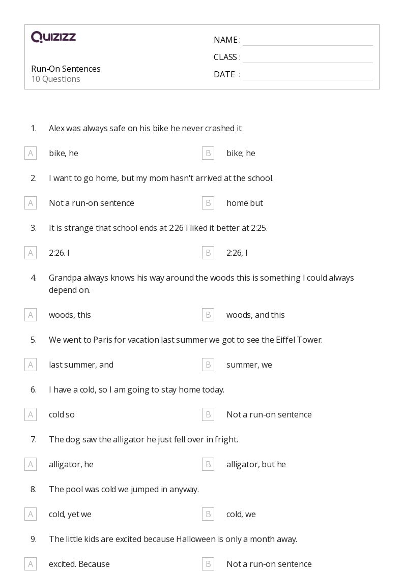 50+ Run On Sentences worksheets on Quizizz | Free & Printable ...