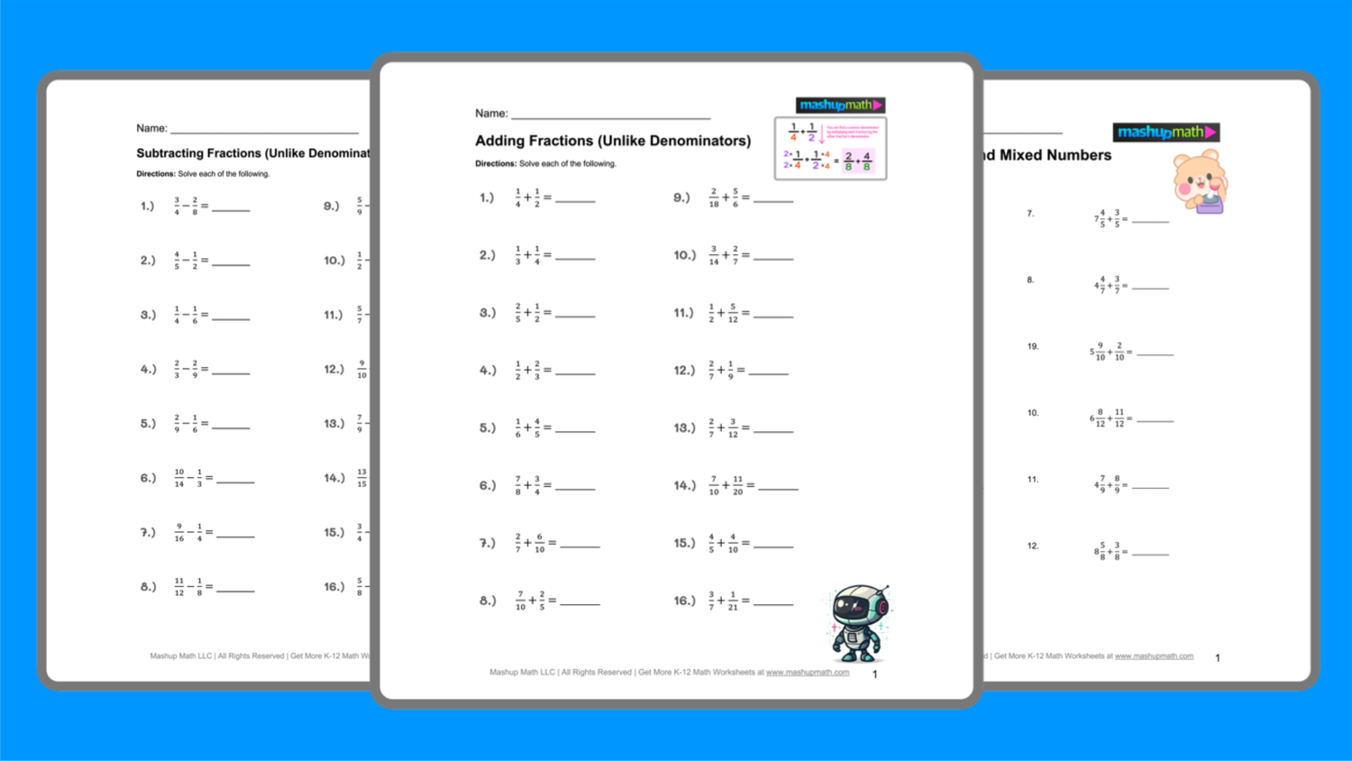 Add And Subtract Fractions Worksheet Gcse Maths Free Third 9114