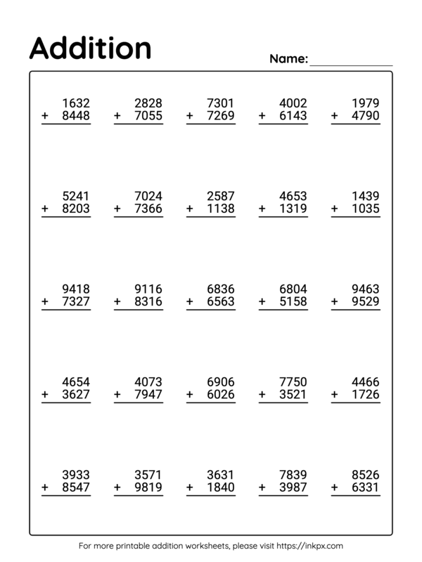 Free Printable 4 Digit Addition Worksheet with Regrouping #1 · InkPx ...