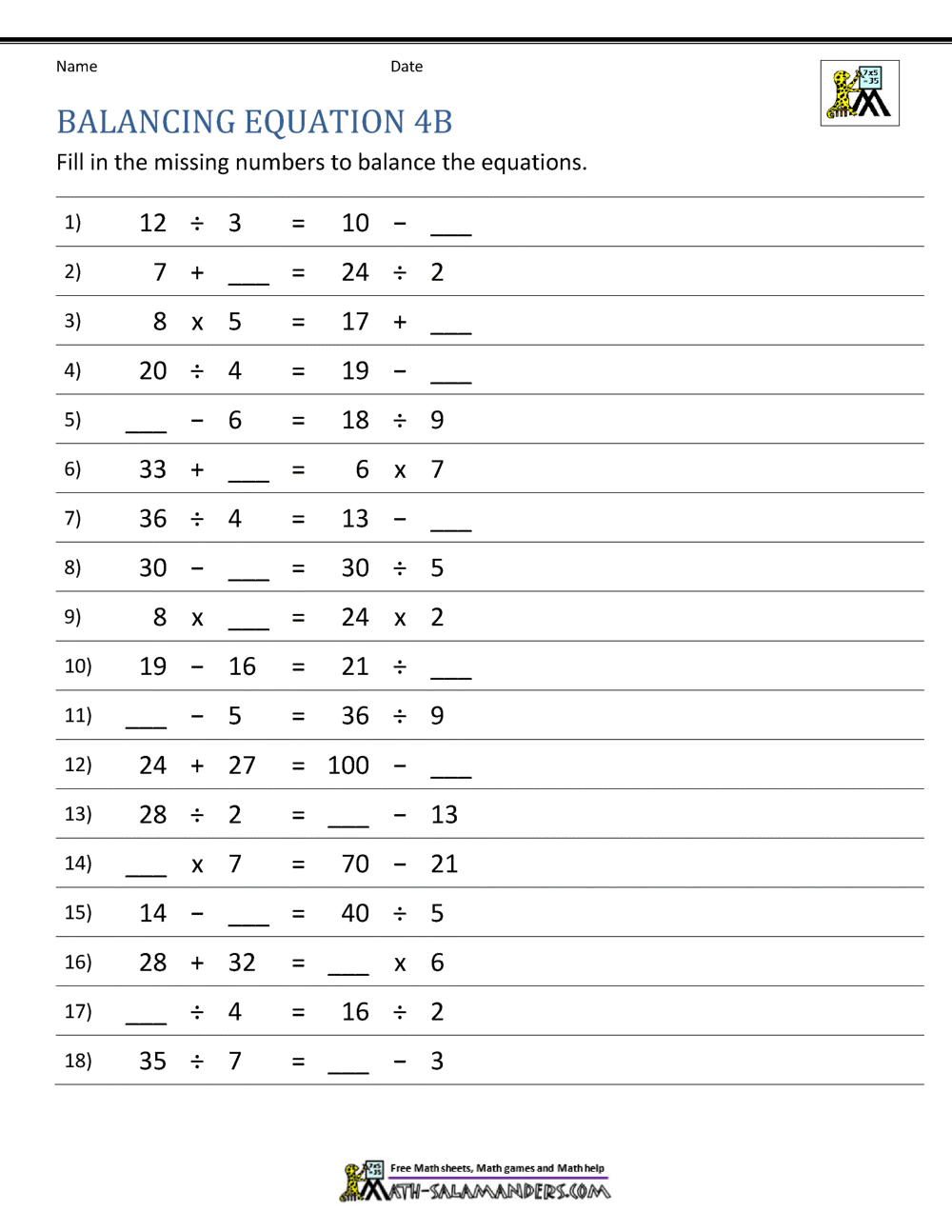 Balancing Equations Worksheet – Addition – Tims Printables - Worksheets ...