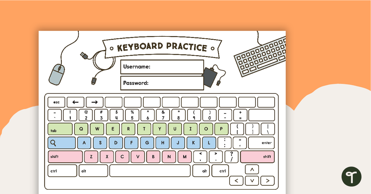 Colour Coded Computer Keyboard Template Teach Starter Worksheets