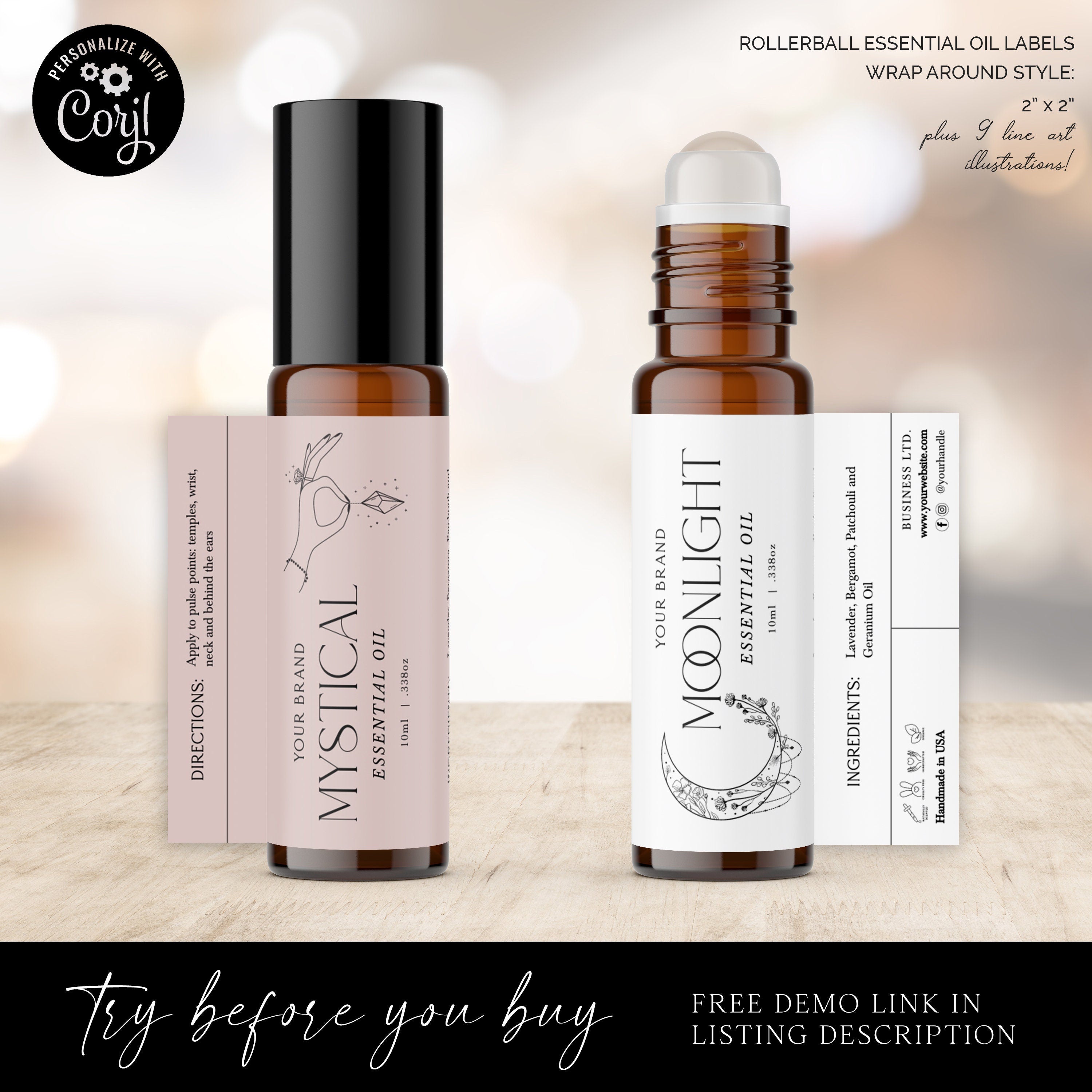 Essential Oil Roller Bottle Labels 5ml 10ml 15ml Botanical