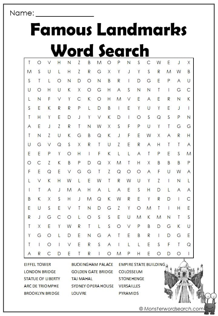 famous landmarks word search - Monster Word Search - Worksheets Library