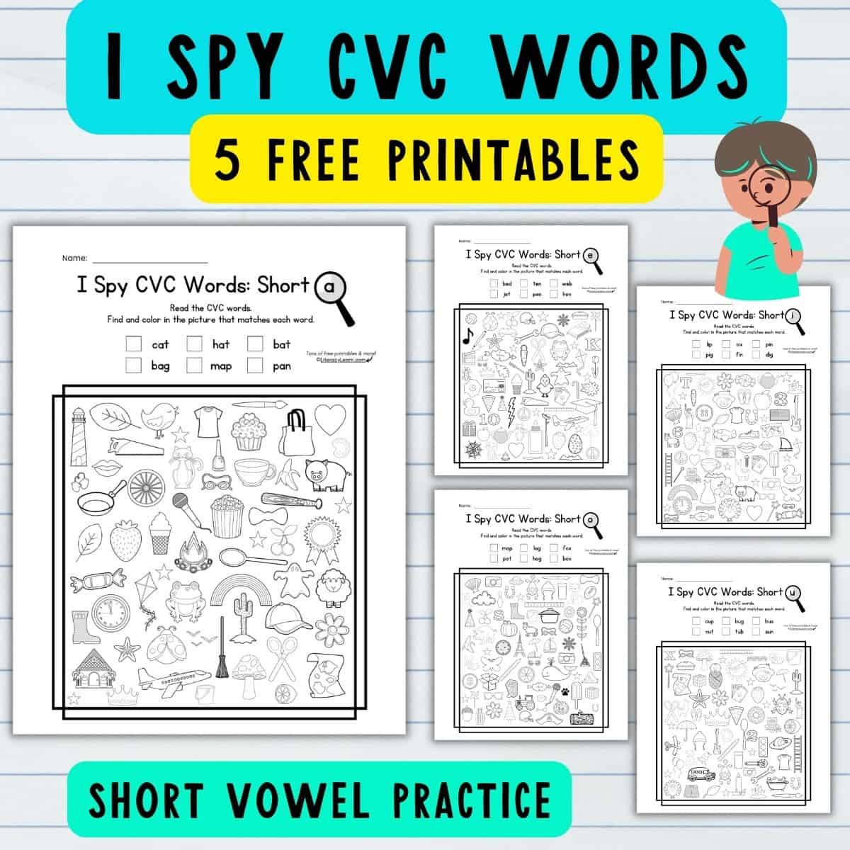 I Spy CVC Words - 5 Free Short Vowel Worksheets - Literacy Learn ...