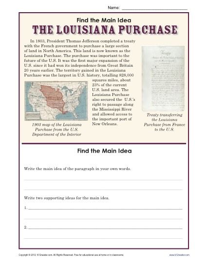 5th Grade Main Idea Worksheet About The Louisiana Purchase | Main ...