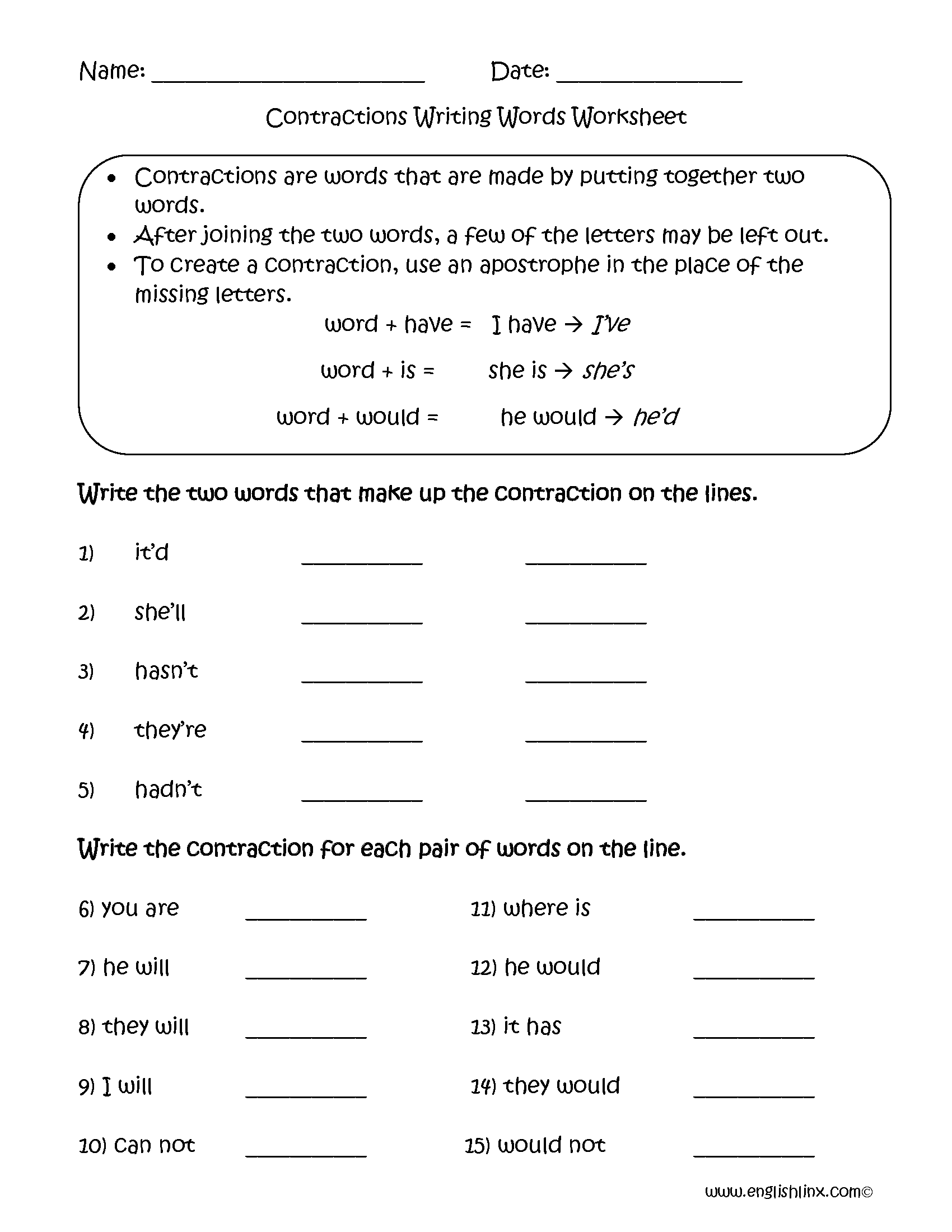Contractions Worksheets | Contraction Words Worksheets - Worksheets Library