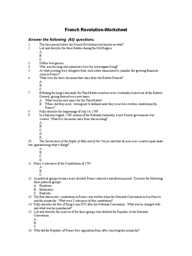 10 French Revolution Worksheet | PDF | Napoleon | France - Worksheets ...