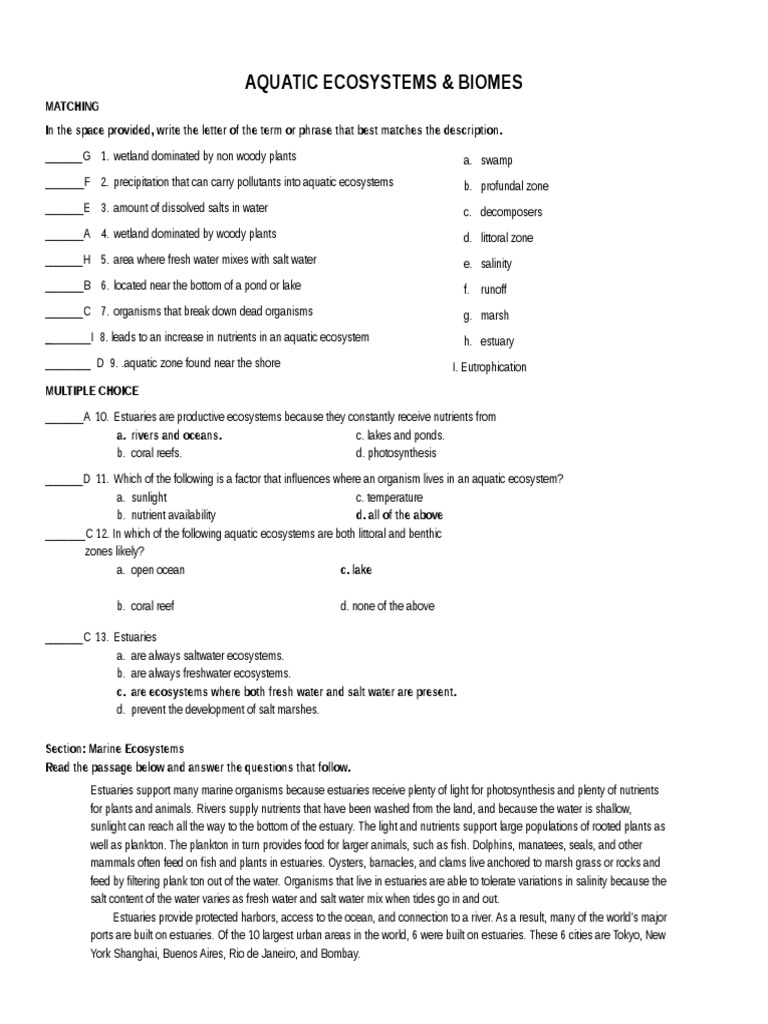 Freshwater Ecosystems: Quiz & Worksheet Kids | Study.com - Worksheets ...