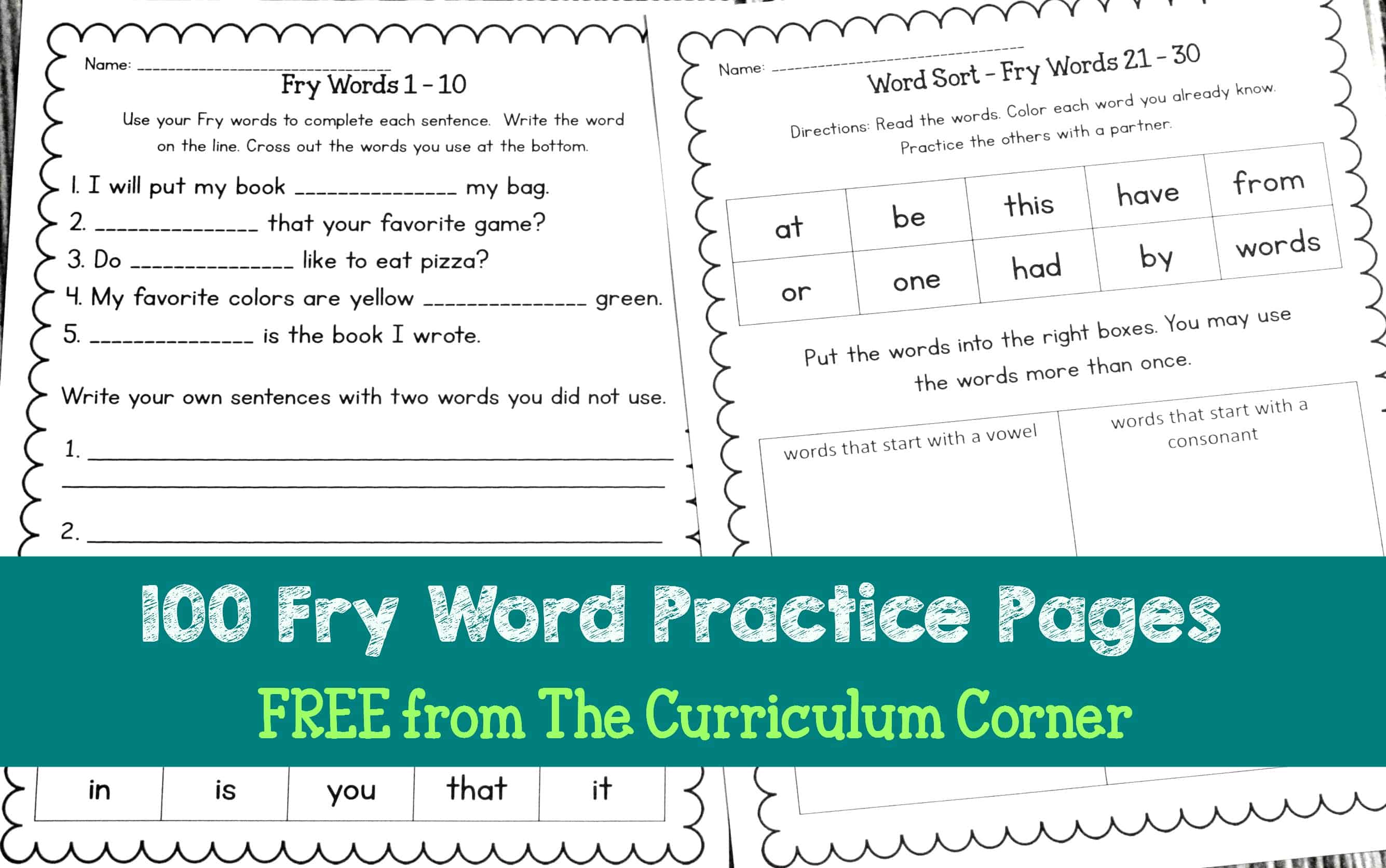 Fry Word Practice Pages - The Curriculum Corner 123 - Worksheets Library