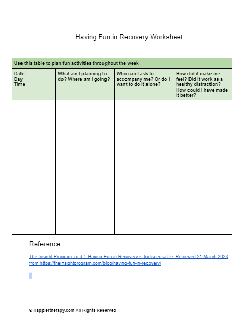 Having Fun In Recovery Worksheet | HappierTHERAPY - Worksheets Library