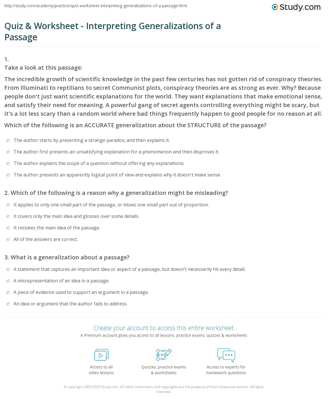 Quiz And Worksheet Interpreting Generalizations Of A Passage