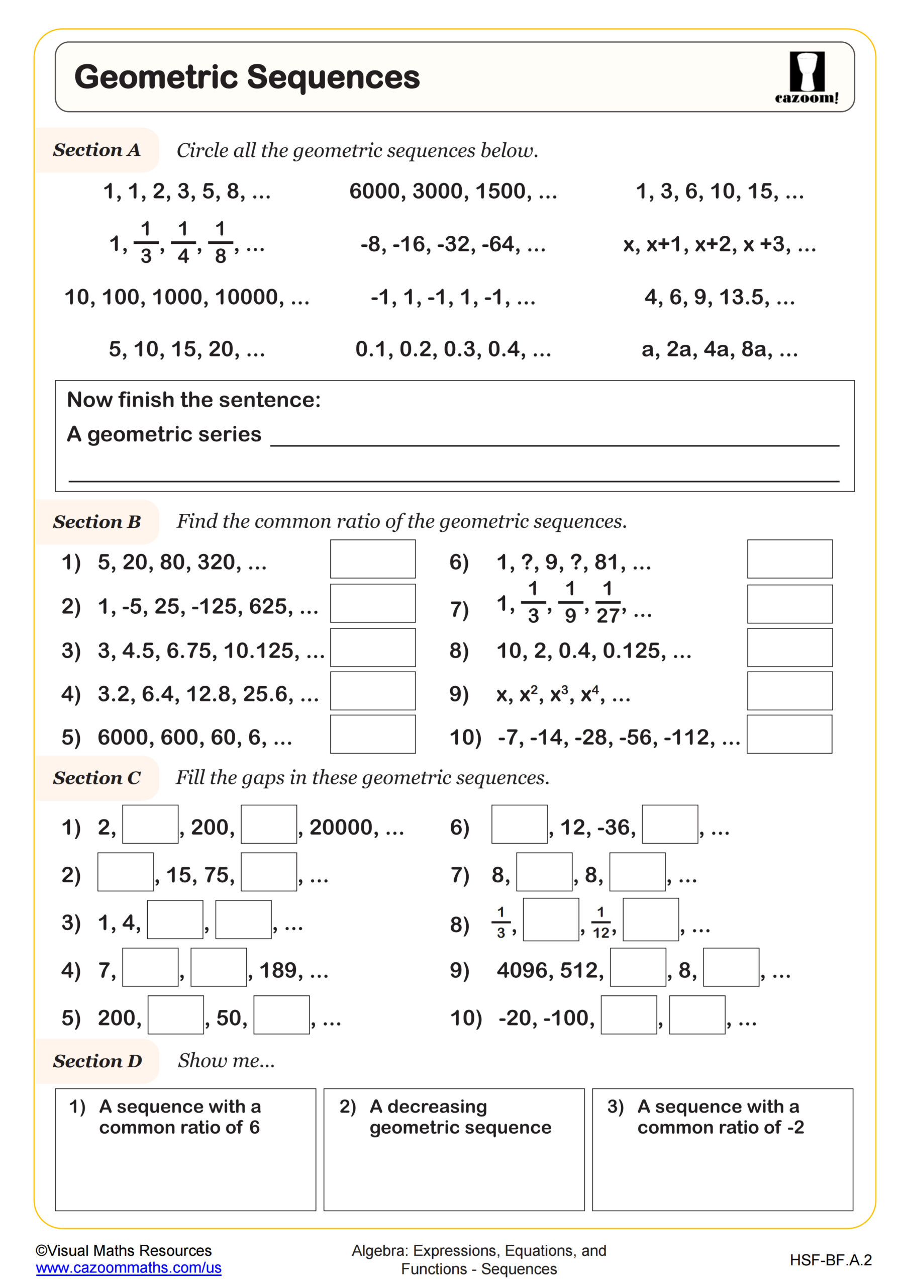 Geometric Sequences Worksheet Pdf Printable Algebra Worksheet Worksheets Library
