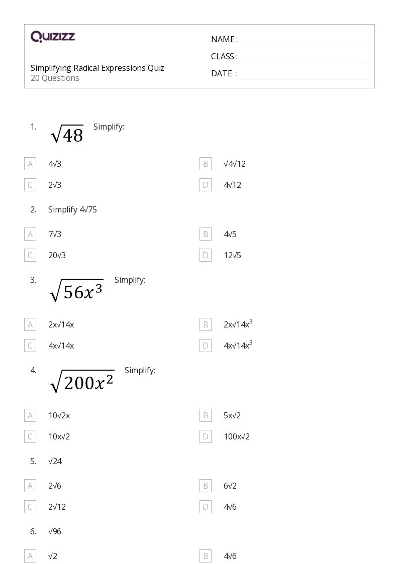 50+ Radical Expressions worksheets for 10th Year on Quizizz | Free ...