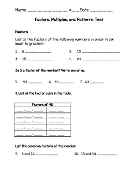 Factors and Multiples Test 4th Grade (Go Math Chapter 5 ...