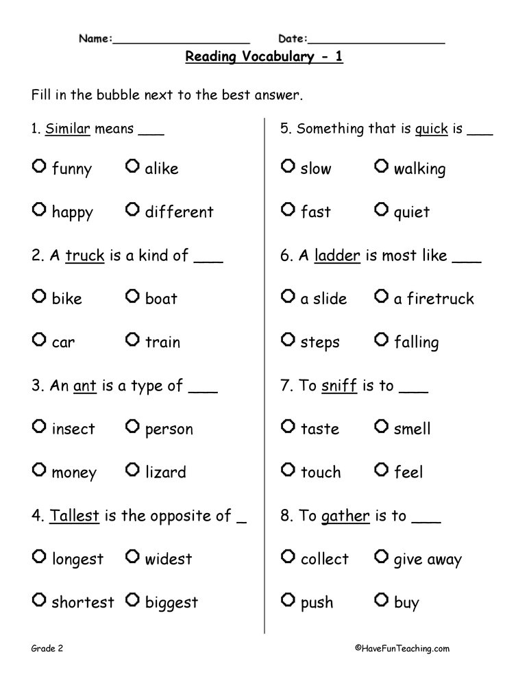 Second Grade Vocabulary Test Practice Worksheet - Have Fun Teaching ...