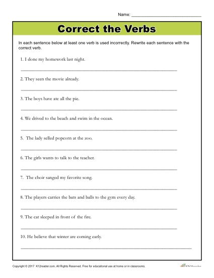 Correct the Verbs | Printable 4th - 6th Grade Grammar Activity ...