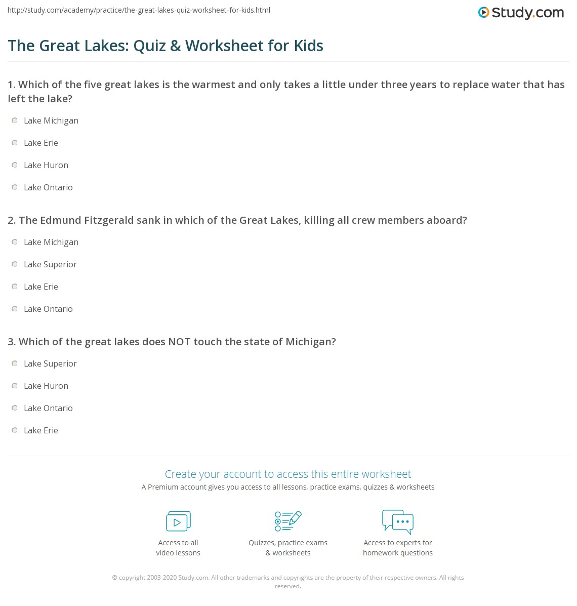 The Great Lakes: Quiz & Worksheet for Kids | Study.com - Worksheets Library