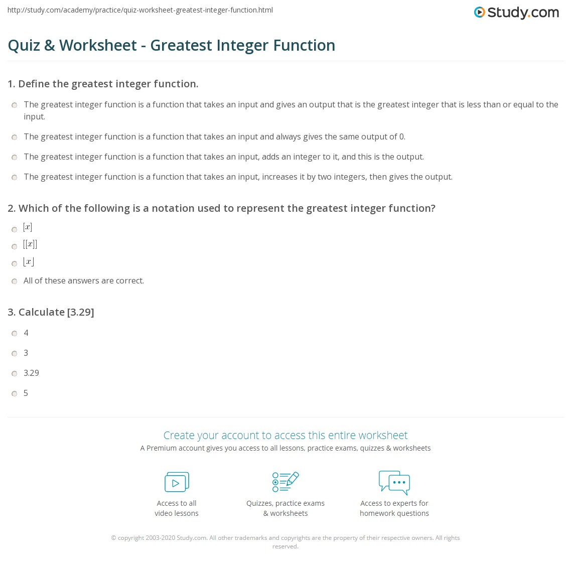 Quiz And Worksheet Greatest Integer Function Worksheets Library