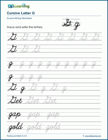 Cursive writing: Letter G worksheets | K5 Learning - Worksheets Library