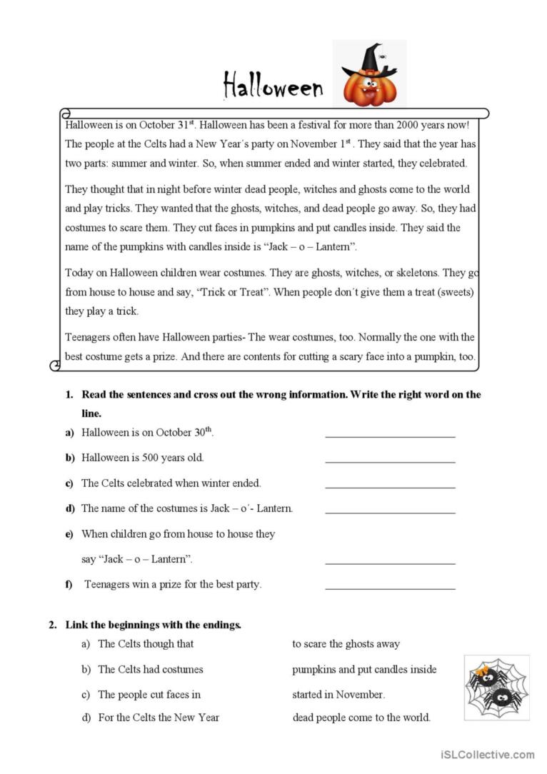 The history of Halloween - Reading Comprehension Worksheet ...