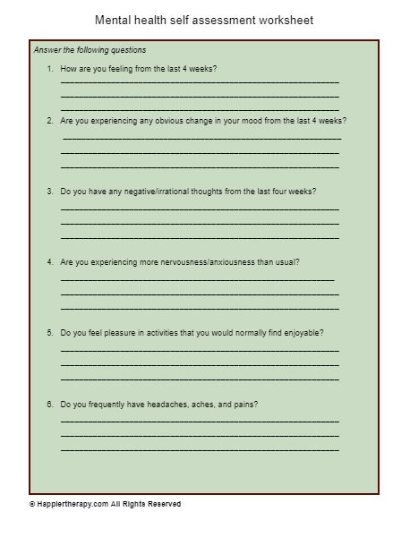 Mental Health Self Assessment Worksheet | HappierTHERAPY - Worksheets Library