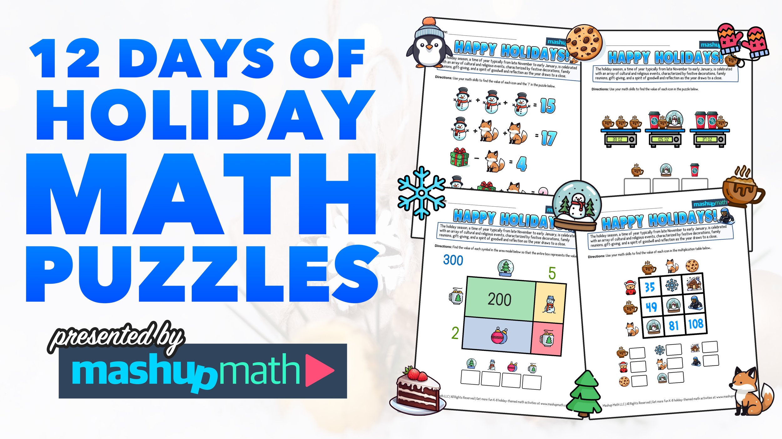 12 Days of Holiday Math Puzzles—Printable K-8 Worksheets — Mashup Math ...
