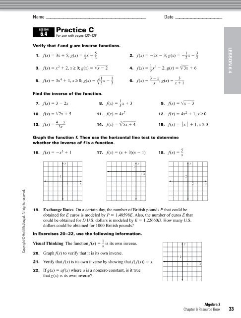 Holt Algebra Chapter 9 Worksheet Bundle (3 Tests, 2 Quizzes, 6 ...