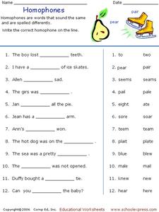 Homophones 5 Worksheet for 2nd - 4th Grade | Lesson Planet - Worksheets ...