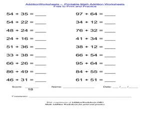 2-Digit Horizontal Addition Worksheet for 2nd - 3rd Grade | Lesson ...