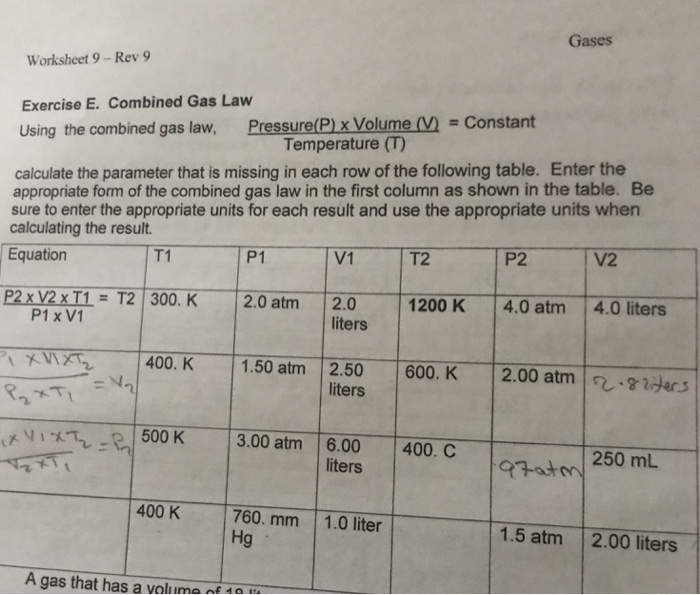 Solved Gases Worksheet 9-Rev 9 Exercise E. Combined Gas Law ...