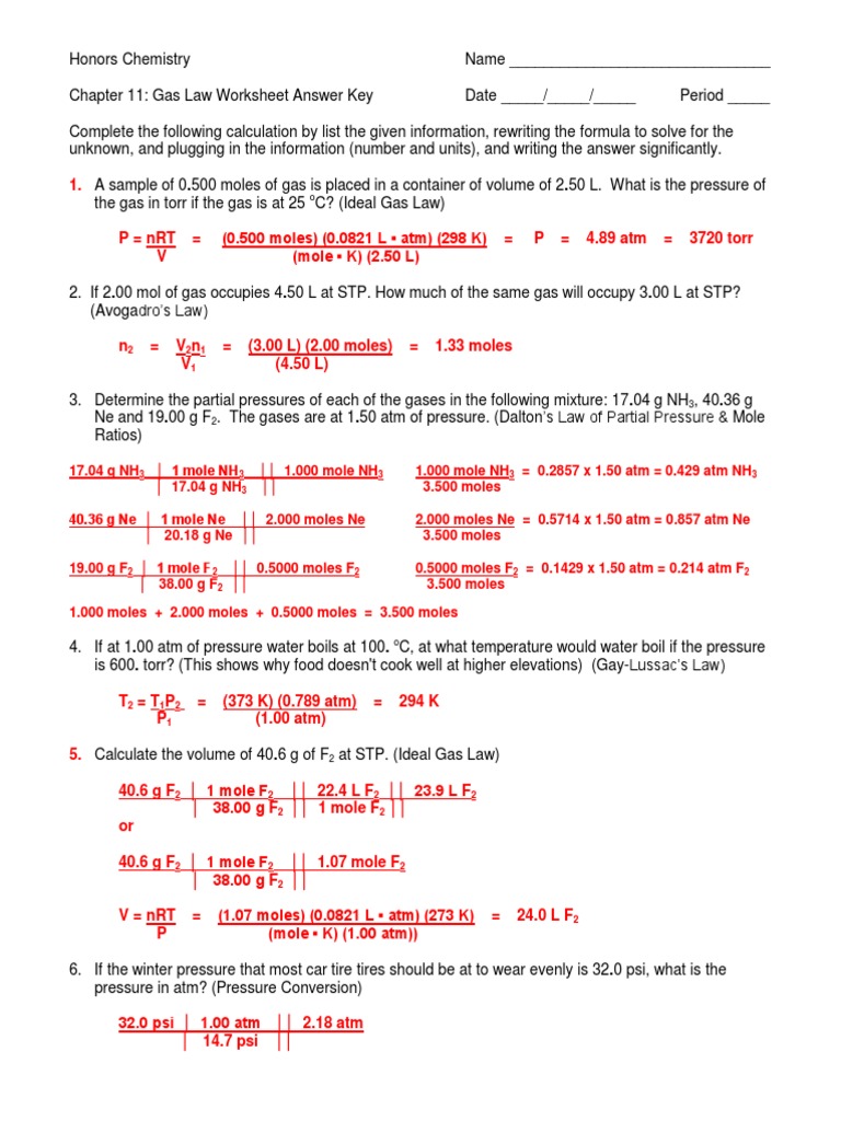 Gas Laws Worksheet Answers | PDF | Gases | Mole (Unit) - Worksheets Library