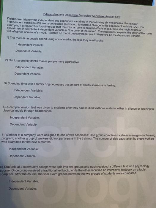 Solved Independent and Dependent Variables Worksheet Answer ...