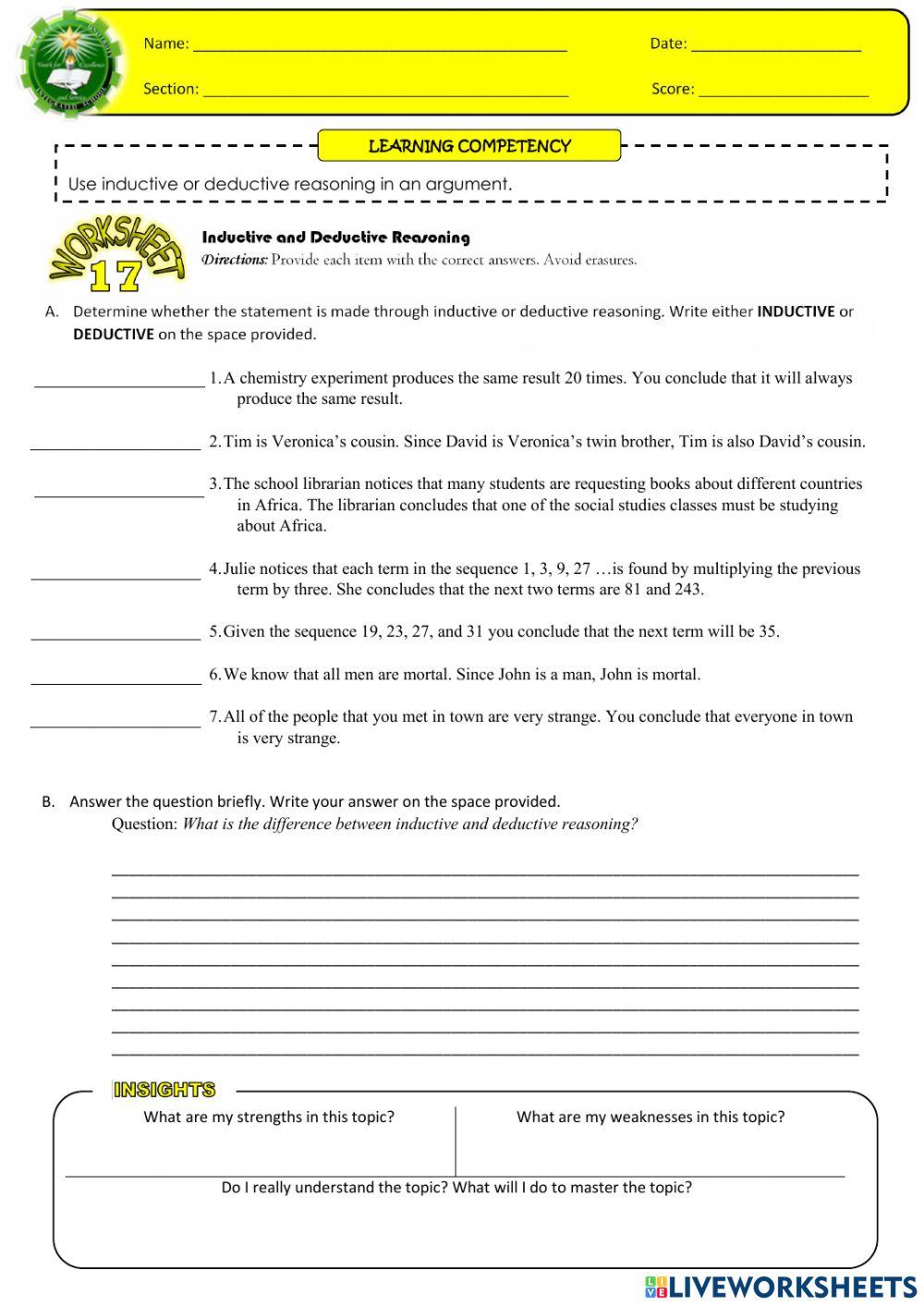 Deductive And Inductive Reasoning Online Exercise For Live Worksheets Library