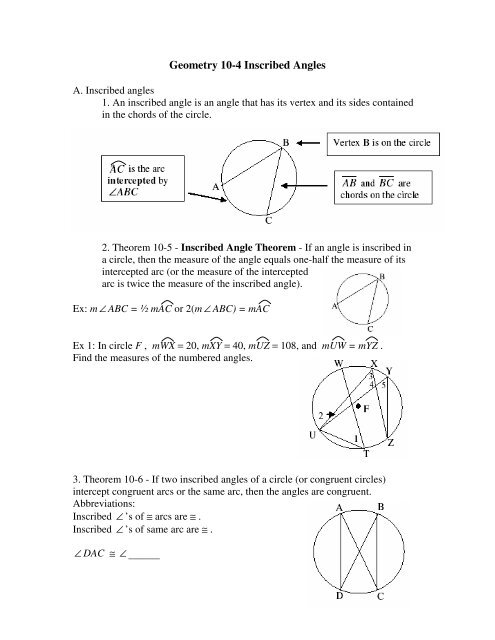 Geometry 10-4 Inscribed Angles - Worksheets Library