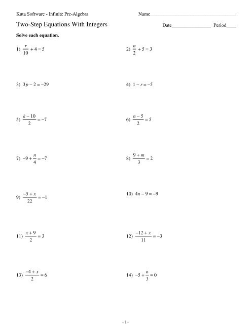 Kutasoftware Prealgebra Two Step Equations With Integers Worksheets Library