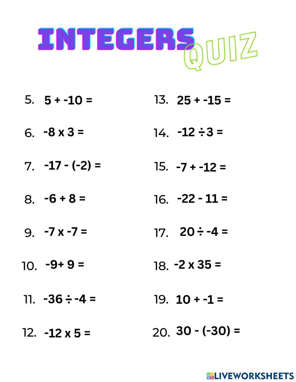 Integer Quiz worksheet | Live Worksheets - Worksheets Library