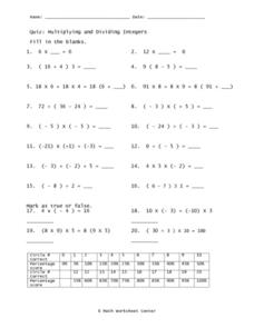 Quiz: Multiplying and Dividing Integers Worksheet for 5th - 6th ... - Worksheets Library