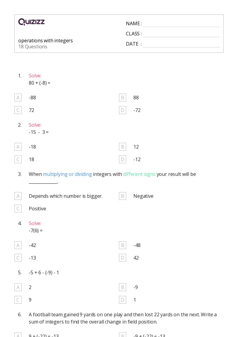 50+ Operations With Integers worksheets for 7th Year on Quizizz ... - Worksheets Library