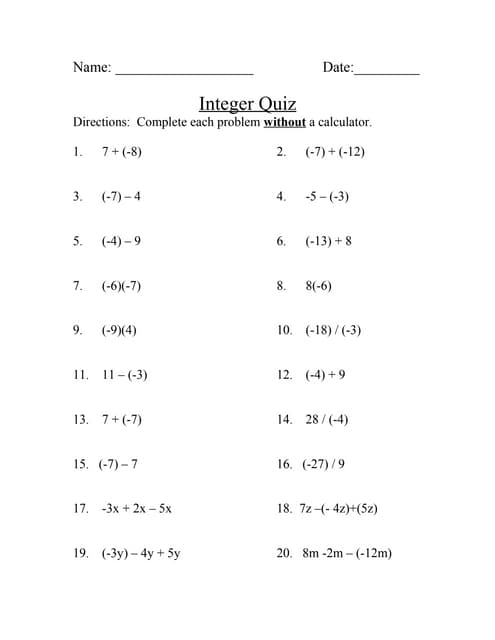 Integer add sub take home quiz | PDF - Worksheets Library