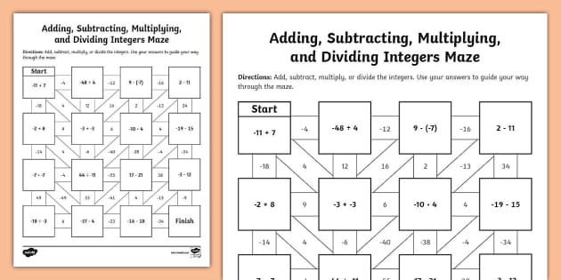 Adding Subtracting Multiplying and Dividing Integers Maze - Worksheets Library